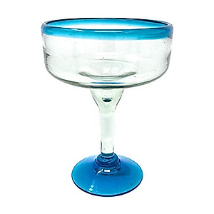 Mexican Hand Blown Glass – Set of 4 Hand Blown Margarita Glasses (16 oz) with Aqua Blue Rims