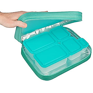 Kids Lunch Box & Bento Box Kit, Turquoise, Lunch Bag Tote Set is Insulated & Keeps Food Cold for Hours, Includes Bento Inside, 5 Removable Containers & Blue Lids, Great for Girls Back to School