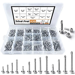 Trivd Frol 410 Stainless Steel Self Tapping TEK Screws Assortment,430 pcs #8#10#12 Hex Head Self Drilling Screws for Metal, Length 1/2" to 2"