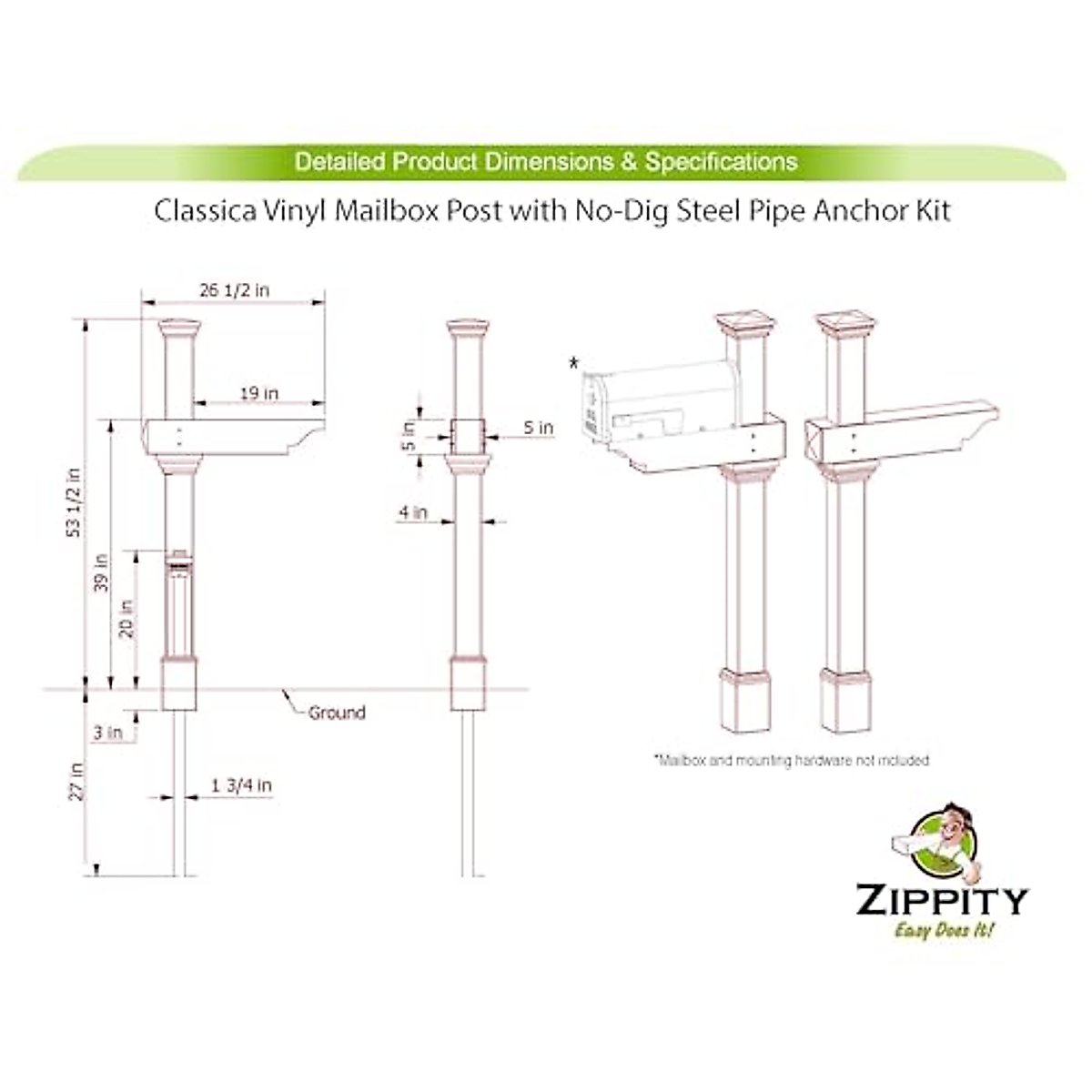 Zippity Outdoor Products ZP19013 Classica Mailbox Post, White