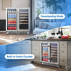 AAOBOSI 30 Inch Wine and Beverage Cooler, 31 Bottles & 110 Cans Wine Fridge, Glass Door Dual Zone Wine Refrigerator Freestanding and Built-in, Digital Temperature Control, Blue LED Display Light
