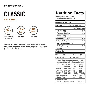 People's Choice Beef Jerky - Classic - Hot & Spicy - Big Slab - Whole Muscle Premium Cuts - Bulk Jerky Package - Thin Sheets - Low Sodium Low Salt High Protein Meat Snack - 15 Count, 1 Bag