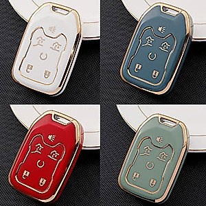 Jimtyee for GMC Key Fob Cover with Leather Lanyard Keychain Key Fob Case Shell Protection for Chevy Silverado Tahoe Suburban GMC Sierra Yukon Smart Remote Key Protector(White)