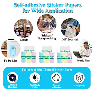 Vicbear 15 Rolls Thermal Sticker Paper for Mini Printer Sticker Maker, Including 9 Colored and 6 White Mini Printer Sticker Paper, Self-Adhesive Mini Thermal Printer Sticker Paper, 57 x 25 mm