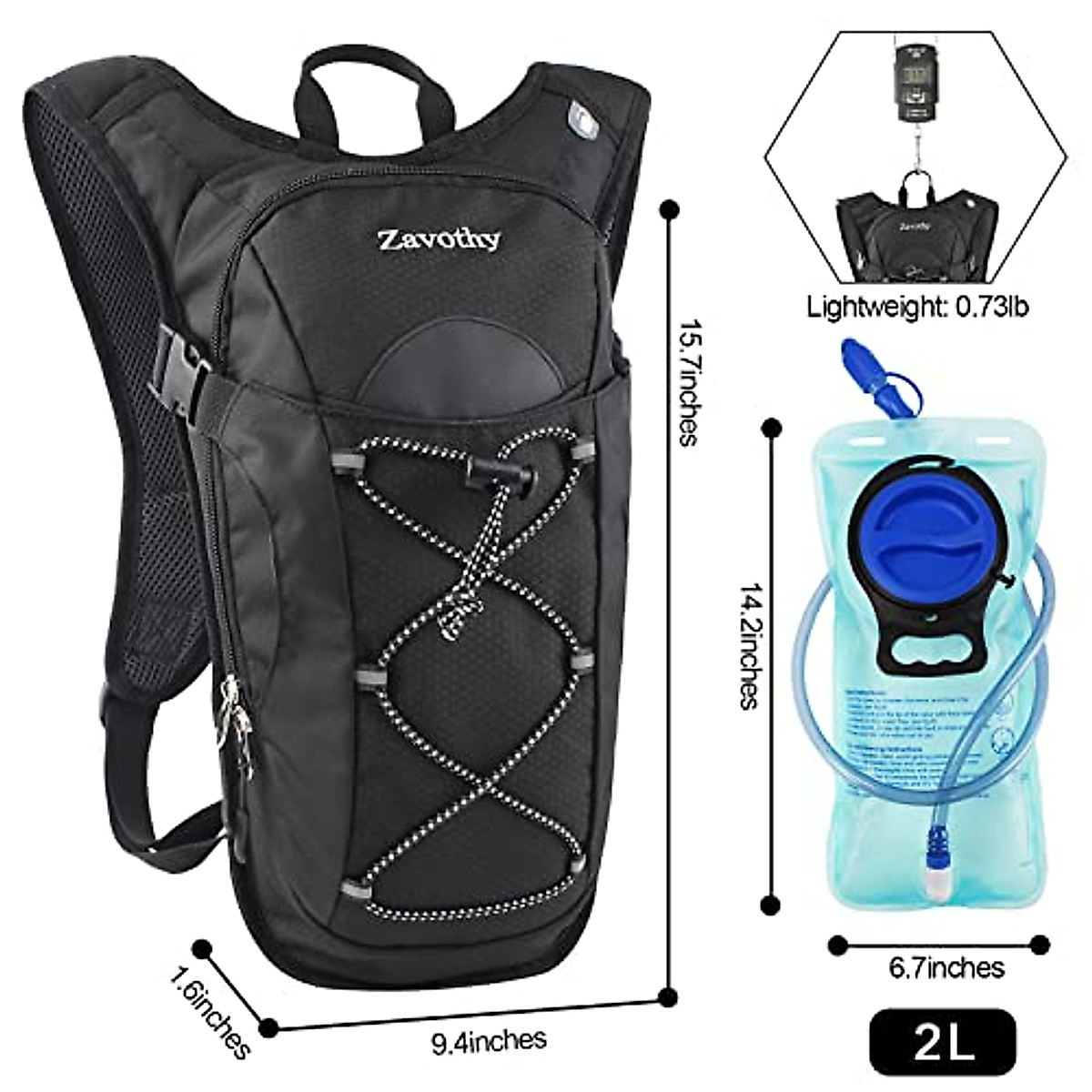 Zavothy Lightweight Hydration Backpack with 2L Water Bladder Water Backpack Hydration Pack for Cycling Running Biking Hiking Backpack Black