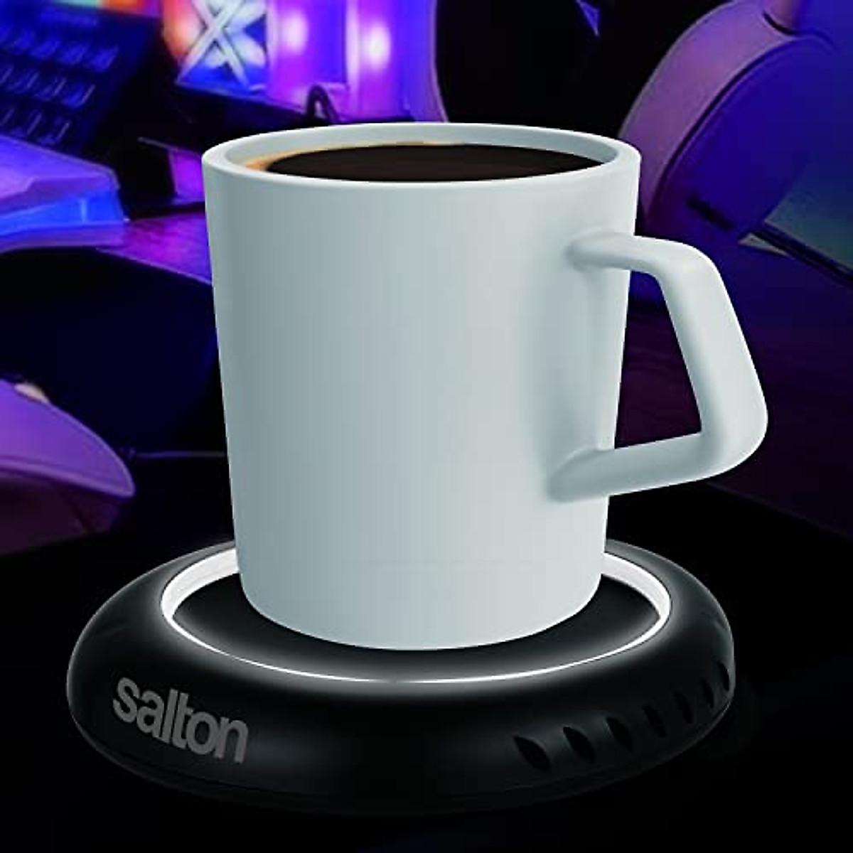 Salton LED Lit Coffee Mug & Tea Cup Warmer for Office, Gaming Lights or Candle Warming, Electric Beverage Warmer with Automatic Temperature Control, Black (SMW2094BKW)