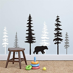 Large Forest Pine Tree with Bear Wall Decals Woodland Trees Wall Sticker for Nursery Room Art Kids Room Bedroom Decoration Forest Tree Animal Wall Mural AM10(White +Gray+Black W/Bear)