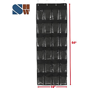 Simple Houseware 24 Pockets - Crystal Clear Over The Door Hanging Shoe Organizer, Black (64'' x 19'')