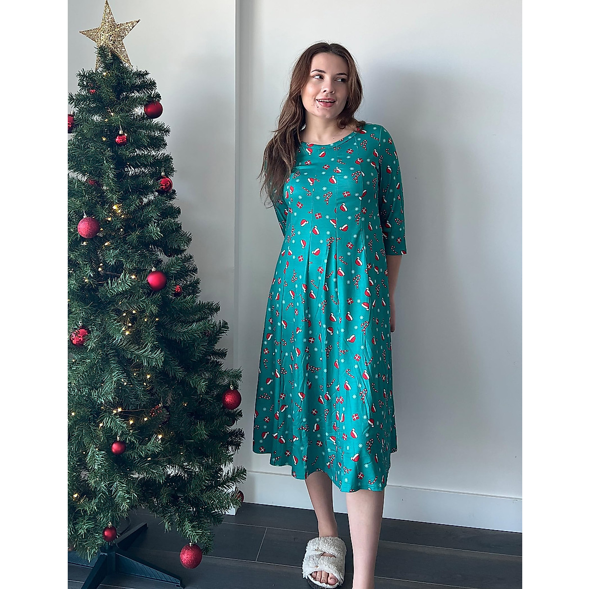 HOTOUCH Christmas Dress for Women Casual 3/4 Sleeve Xmas Dress for Holiday, Santa Hat XXL