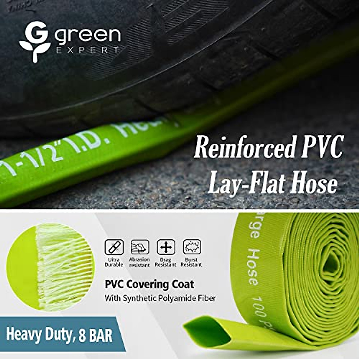 Green Expert 1.5" ID Length 50 Feet PVC Lay-Flat Water Discharge Hose Pump Draining Kit Heavy Duty Backwash Hose Great for Water Disposal in Garden Farm Swimming Pools 527502