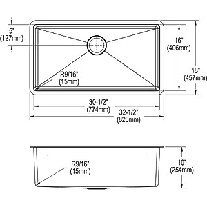 Elkay Crosstown EFRU311610T 33" - 10" Depth Single Bowl Undermount Stainless Steel Kitchen Sink, Polished Satin
