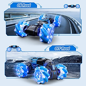 Powerextra LED Gesture Rc Car, 4WD 2.4GHz Remote Control Gesture Sensing Car, Double Sided 360° Rotating Transform Off Road Rc Stunt Car with Lights & Dance for 6-12 Year Old Boys & Girls