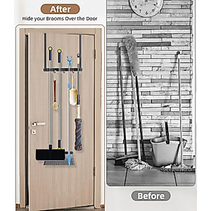 Broom Holder Over The Door 2PCS-304 Stainless Steel Mop and Broom Holder Wall Mounted or Hanging Over The Door with Hooks - Broom Hanger, Tool Organizer for Garage Closet Laundry -Space grey