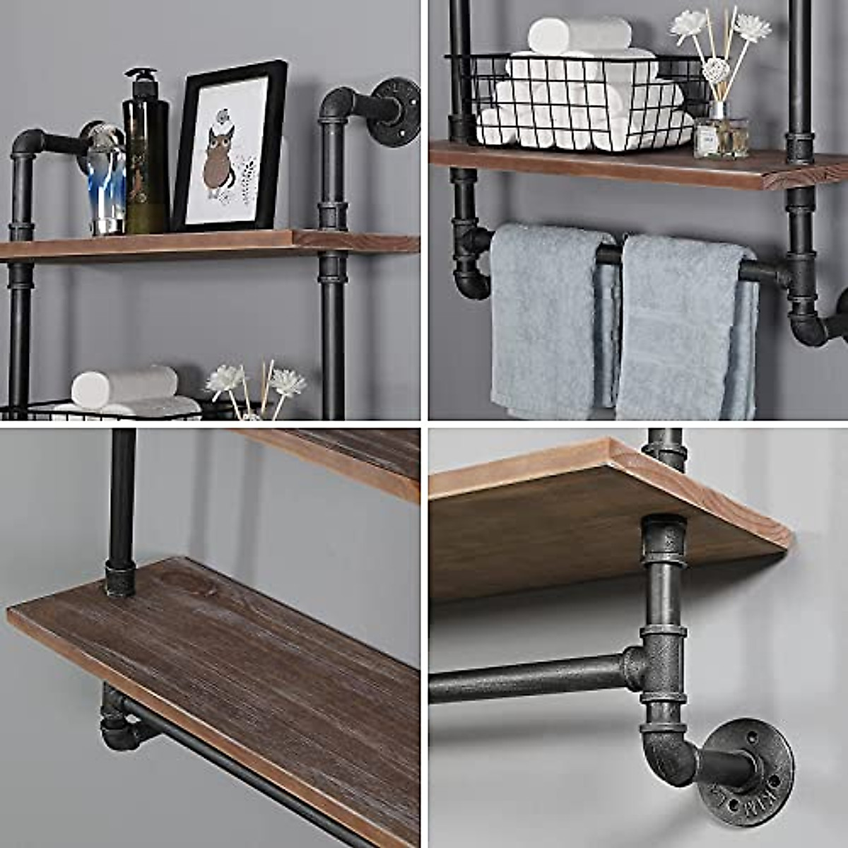 SSS Furniture Industrial Pipe Shelving Bathroom Floating Shelves Wall Mounted, 2 Tier 24 inch Rustic Wood Shelf with Towel Bar, Farmhouse Towel Rack Bathroom Shelf Over Toilet