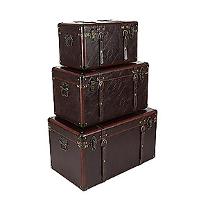 Deco 79 Faux Leather Decorative Trunk Nesting Upholstered Decorative Large Boxes with Vintage Accents and Studs, Set of 3 Storage Trunks 19", 24", 27"W, Brown