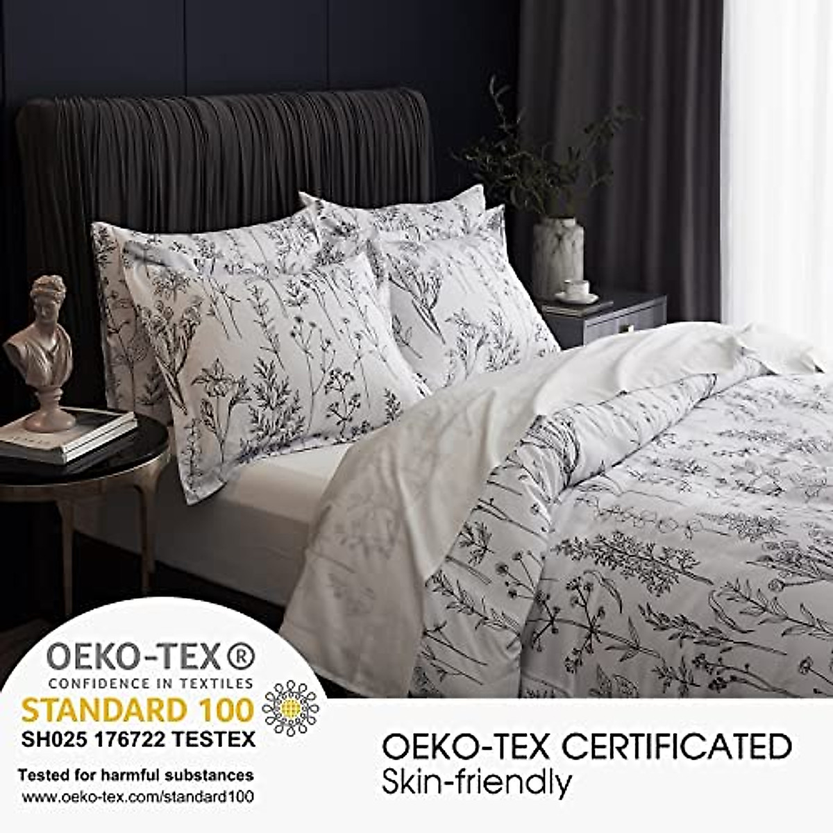 HYPREST Floral Duvet Cover King Size, White and Black Duvet Cover, 3 Pcs Farmhouse Leaf King Duvet Cover Soft Breathable Lightweight Shabby Chic Bedding Duvet Covers (Oeko-Tex Certificated)