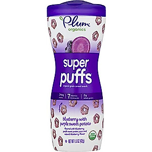 Plum Organics Baby Food Pouch | Super Puffs | Blueberry With Purple Sweet Potato | 1.5 Ounce | 4 Pack | Organic Food Squeeze for Babies, Kids, Toddlers