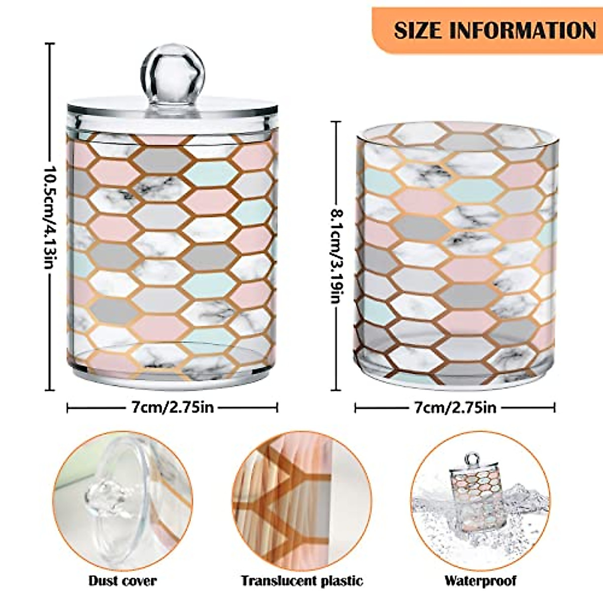 BOENLE 2 Pack Qtip Holder Dispenser Marble Rose Gold Pink Honeycomb Bathroom Storage Canister Lid Acrylic Plastic Apothecary Jar Set Vanity Makeup Organizer for Cotton Swab/Ball/Pad