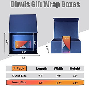 Ditwis 4 Pack 9.5x7x4 Inches Gift Boxes with Magnetic Closure Lids, Blue Magnetic Box for Wedding, Groomsmen Bridesmaid Proposal, Birthdays, Mother's Day