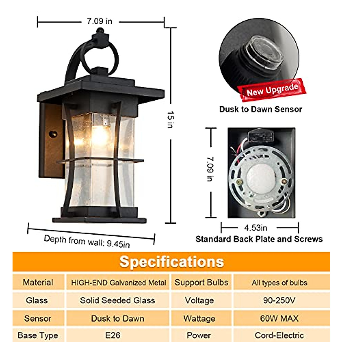 EERU Dusk to Dawn Outdoor Wall Lantern Exterior Light Fixtures Wall Mount Porch Light with Photocell Sensor Waterproof Outside Wall Lights for House, Patio, Garage, Black with Seeded Glass