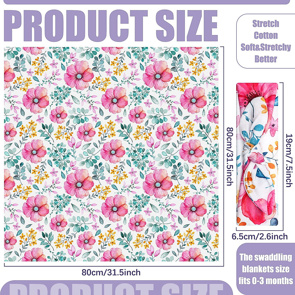 Moukeren 4 Sets Baby Swaddle Newborn Baby Receiving Blankets with Headbands Newborn Floral Printed Swaddle Blanket Infant Swaddle Nursery Swaddling Blankets for Newborn Shower Swaddle Gifts, 4 Design