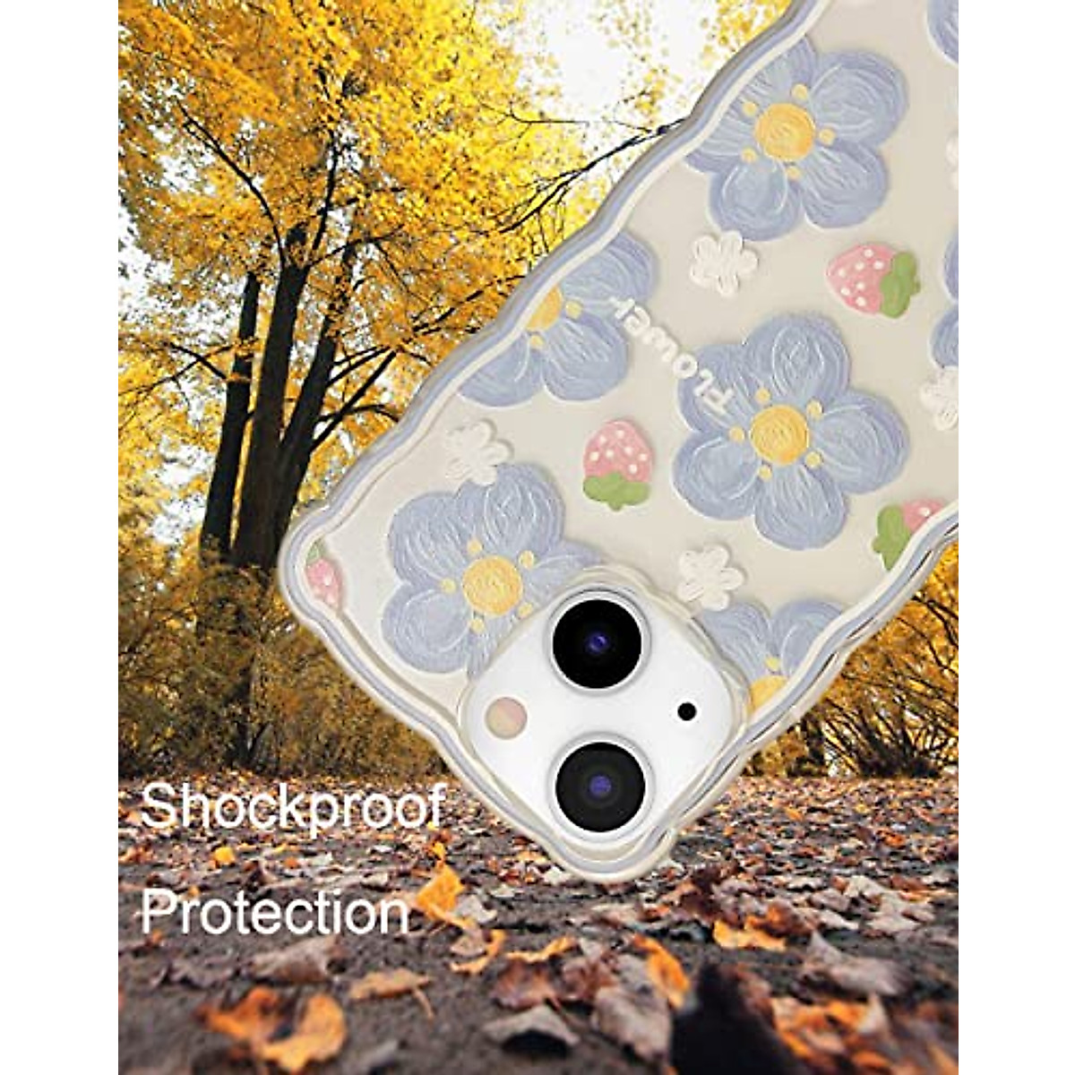 GUSDBSW Compatible with iPhone 13 Case Cute for Women Girls, Fashion Wave Grip Design & Aesthetic Curly Pattern, Clear Soft TPU Phone Case - Blueberry Flower