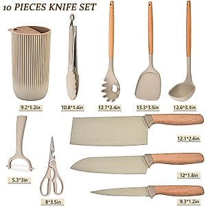Kitchen Utensils Set, 10 PCS Non-Stick Stainless Steel Knives Set and Silicone Cooking Utensils Spatula Set with Holder, Wooden Ergonomic Handle Home Kitchenware Accessories Cookware Set (Khaki)