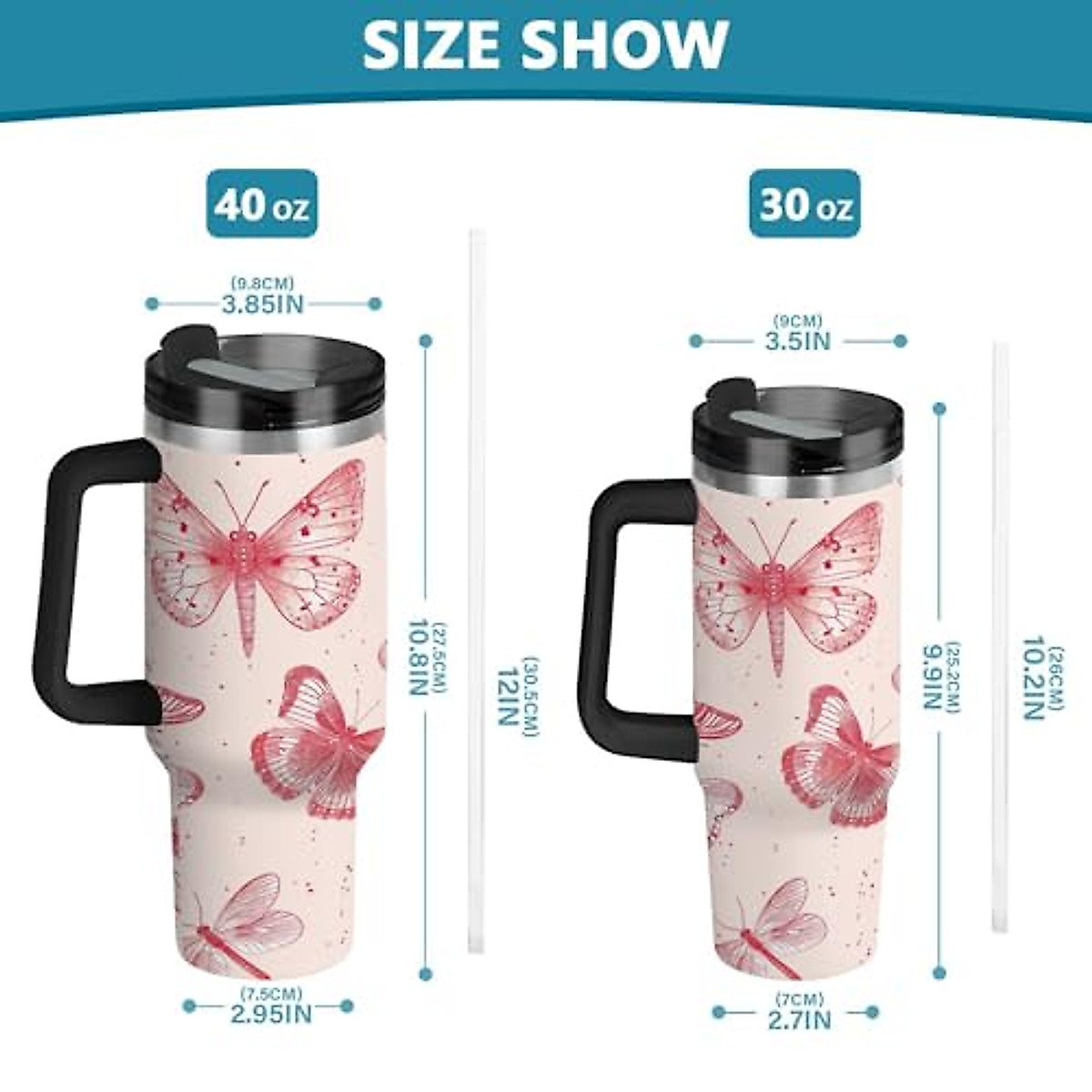 FRCSDIY Beautiful Butterfly Insulated Tumbler with Handle and Straw Lid,30oz Leakproof Stainless Steel Cup BPA-Free Water Bottle