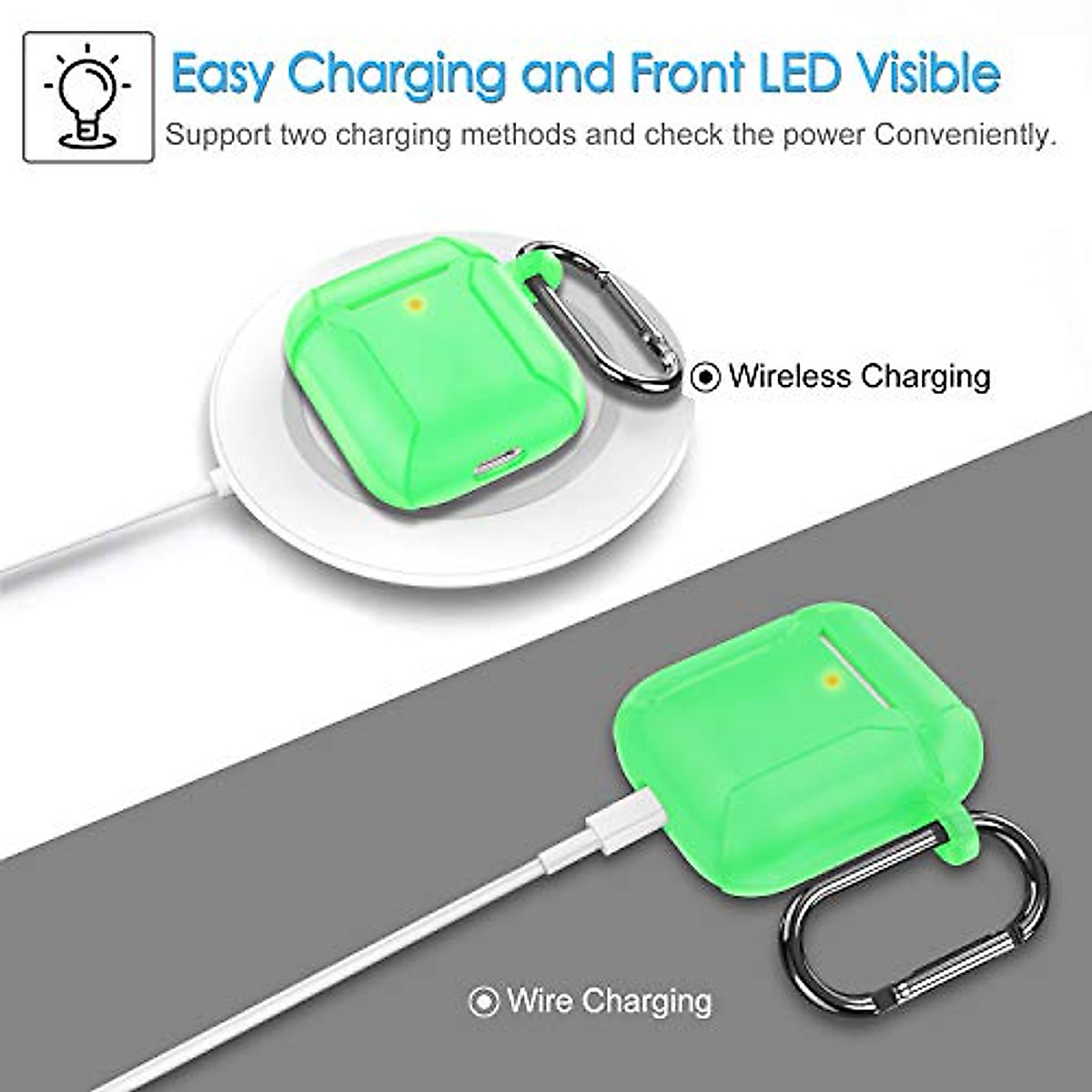 Fintie Case for AirPods 2 & 1, Premium Silicone Shockproof Protective Cover Skin with Keychain [Front LED Visible] Compatible with AirPods 1 and 2 Charging Case, Green-Glow in The Dark