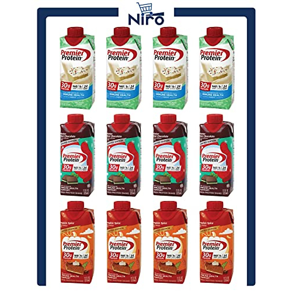 Premier Protein Shake | Winter Special - 3 flavors (12 Pack) | Winter Mint Chocolate, Pumpkin Spice and Cake Batter Delight | Niro Assortment