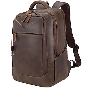 Masa Kawa Vintage Leather 15.6" Laptop Backpack for Men Large College School Bag Bookbag Business Work Travel Rucksack Casual Hiking Camping Daypack, Light Brown