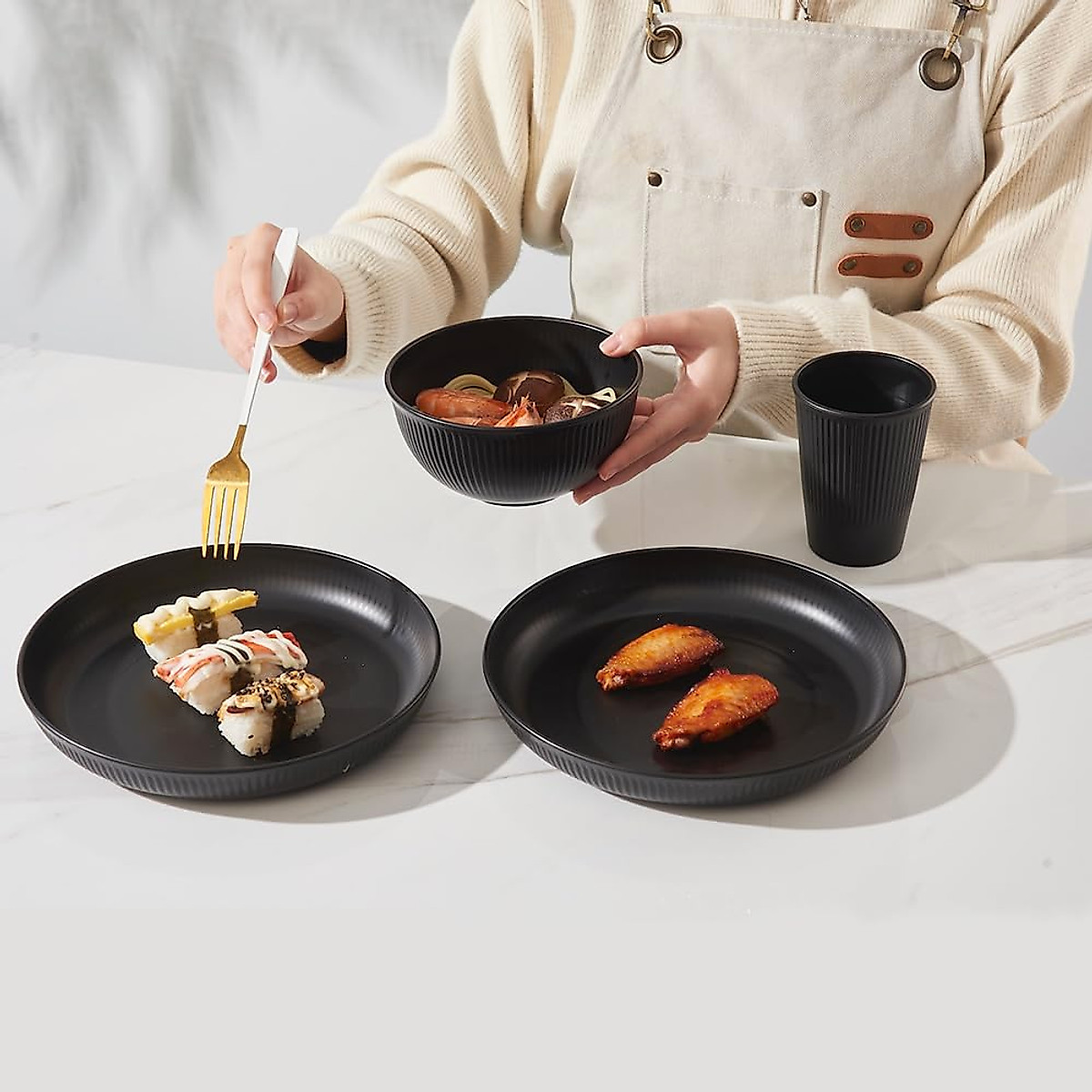 18pcs Wheat Straw Dinnerware Set Kitchen Plates and Bowls Sets HXYPN Unbreakable Dinner Plates Cereal Bowls Drinking Cups Reusable Dinnerware Sets Microwave Dishwasher Safe