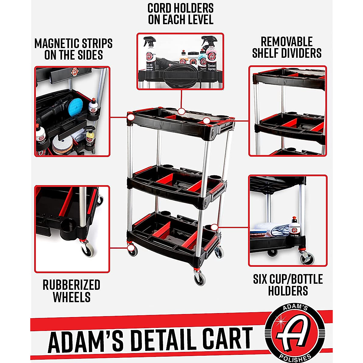 Adam's Polishes Standard Detailing Cart, Custom Mobile Rolling Utility Detailing Tool Cart Organizer for Garage DIY Home Projects, Extra Storage for Mechanics & Detailers During Repairs Car Wash/Wax