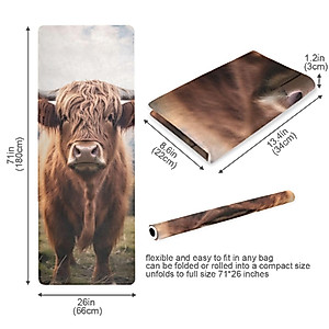 GOODOLD Highland Cow Yoga Mat, 71 x 26 Inch Non-slip Yoga Mats Folding Travel Exercise Mat Indoor Outdoor Gym Pilates with Storage Bag for Women Men