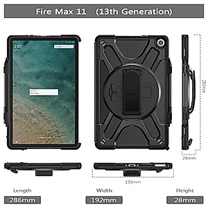 GooodiDEAR for Amazon Fire Max 11 Case (13th Gen 2023), Rugged Multi-Angle Kickstand, Heavy Duty Shockproof TPU Protection, Adjustable Hand Strap, Stylus Holder, Shoulder Strap, Elastic Band - Black