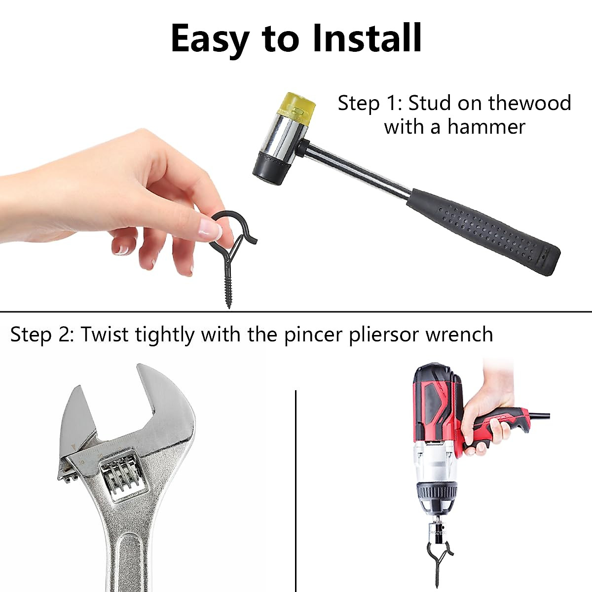 Larmstom Black Screw Hooks, 10 Pack Heavy Duty Vinyl Coated Hanging Hooks with Safety Buckle & Expansion Tube for Kitchen/Home/Outdoor/Indoor