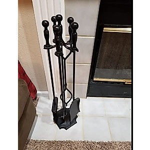 Rocky Mountain Goods 5 Pcs Fireplace Tool Set Black 31” Large - Shovel, brush, poker, tongs, stand - Heavy duty wrought iron tools with decorative finish - Ergonomic Ball handles
