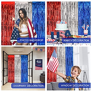 LOLStar 4th of July Decorations,Red White Blue 3 Pack America Tinsel Foil Fringe Curtains,4th of July Photo Booth Prop Streamer Backdrop for Independence Day,Memorial Day,Labor Day Patriotic Party