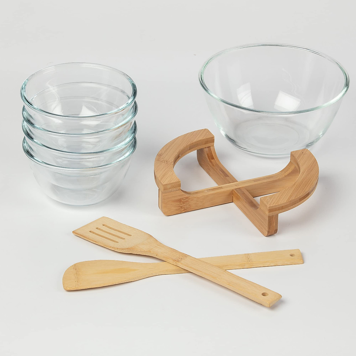 Kitchen Affections | 5pc Glass Salad Bowl Set with Serving Utensils | and Bamboo Pedestal Base | Glass Reusable Dinnerware | Durable Glass Dinner Bowls | Eco Friendly Bowls