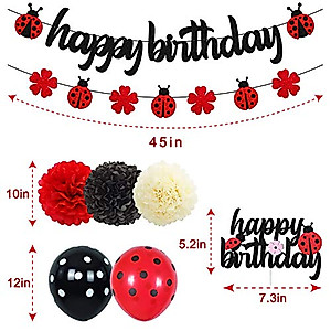 Ohiviaaa Ladybug Birthday Decorations Ladybird Happy Birthday Banner Ladybeetle Cake Topper Black Red Latex Balloon Pom Pom Flowers for Ladybug Theme Bday Party Supplies
