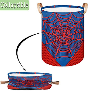 Large Laundry Hamper Basket Blue Spider Web Round Collapsible Storage Organizer Bin for Kids Room, Boys, Nursery, Closet, Bedroom, Playroom, Toys, Dirty Clothes, 16"W x 20"H