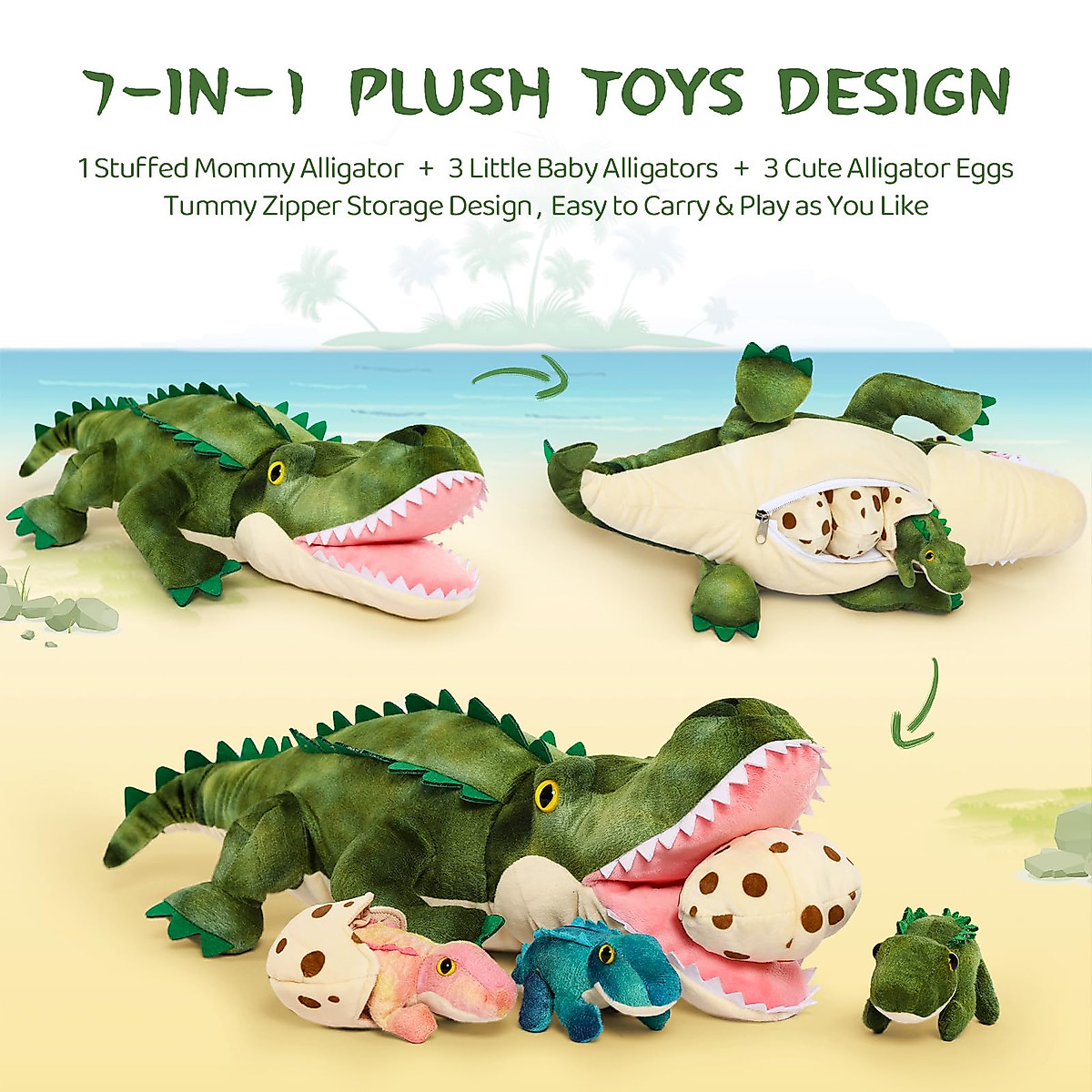 MorisMos Plush Alligator Stuffed Animal with Baby Alligators,23.6'' Mommy Stuffed Alligator with 3 Baby Crocodile Stuffed Animals & 3 Plush Eggs,Lifelike Alligator Toys for Kid Birthday