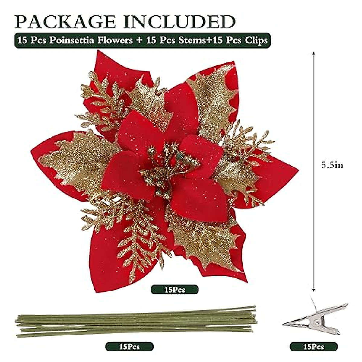 CEWOR 15 Pcs Christmas Poinsettia Flowers Glitter Artificial Flowers Decorations with Clips and Stems for Xmas Tree Wedding Party Wreath Fireplace Ornaments (Red and Gold)