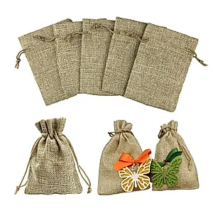 Tomkity 100 Pcs 3x4 Inch Linen Burlap Bags with Drawstring Reusable for Jewelry Wedding Party DIY Craft Gift Bags
