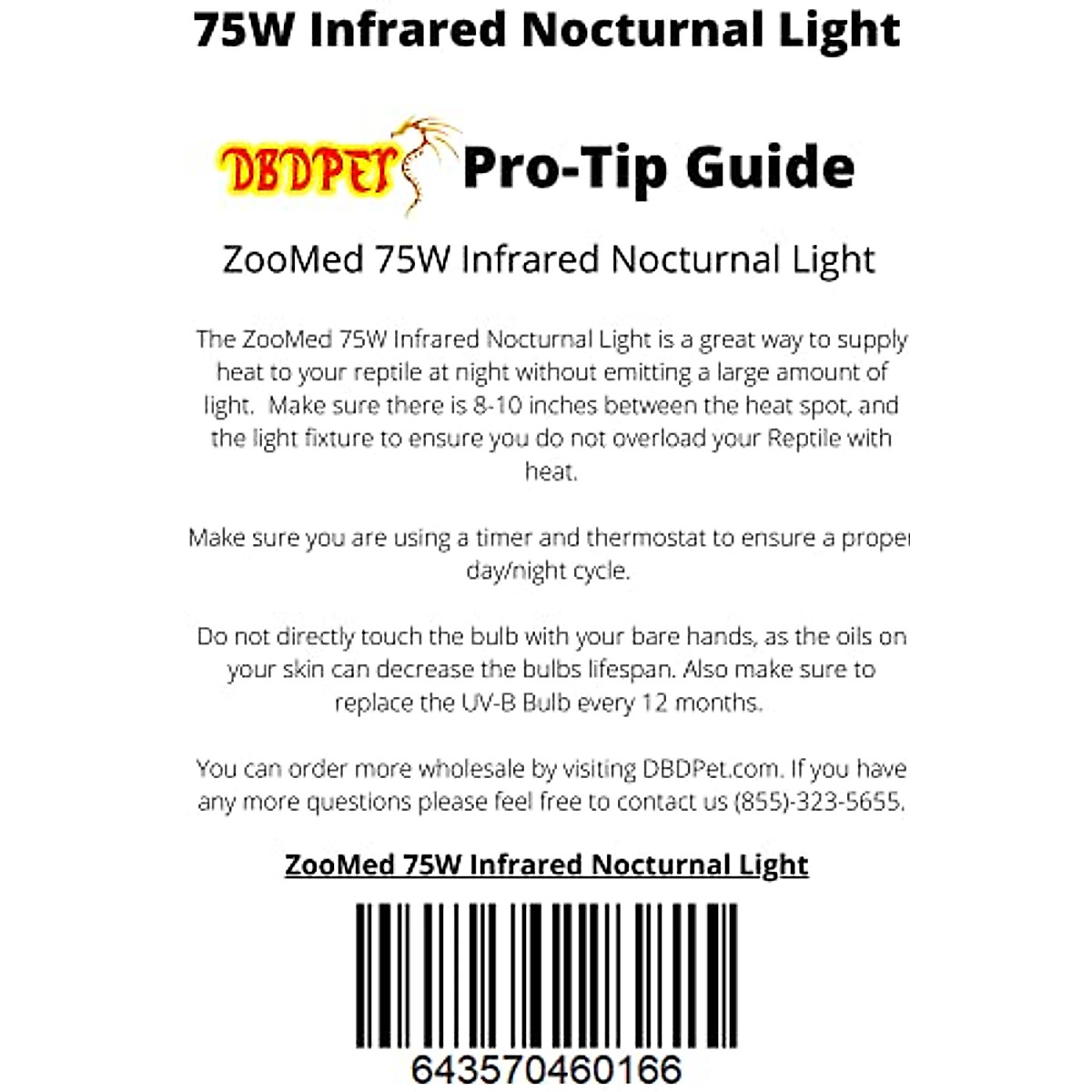 Nocturnal Infrared 75w Reptile Basking Bulb - Includes Attached DBDPet Pro-Tip Guide - Good for Night Time Heating or Basking