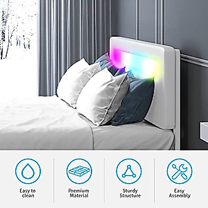 Mjkone LED Bed Frame King Size with Adjustable LED Lights Headboard Upholstered Platform Bed with 4 Storage Drawers, Smart Bed Compatible with Alexa&Google, No Box Spring Needed, Easy Assembly,White