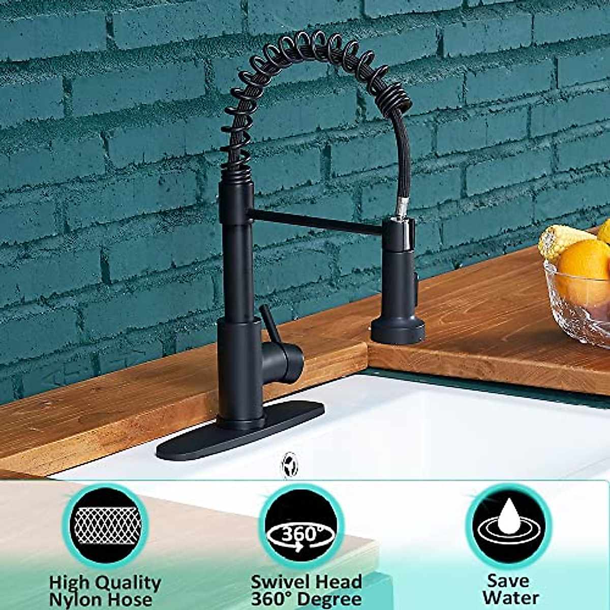 Black Kitchen Faucet, Matte Black Kitchen Faucet with Pull Down Sprayer,Commercial Spring Single Handle Kitchen Sink Faucet, Farmhouse Camper Laundry Utility Rv Bar Sink Faucet TDLKF026BD