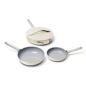 Caraway Fry Pan Trio - Non-Stick Frying Pans (10.5” & 8”) & Non-Stick Saute Pan - Non Toxic, PTFE & PFOA Free - Oven Safe & Compatible with All Stovetops (Gas, Electric & Induction) - Cream