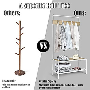 Tangkula Hall Tree with Bench and Shoe Storage, 3-In-1 Industrial Entryway Bench with Coat Rack, Wood Look Coat Rack Shoes Bench Storage Organizer for Home & Office, Coats/Hats/Shoes (Coffee)