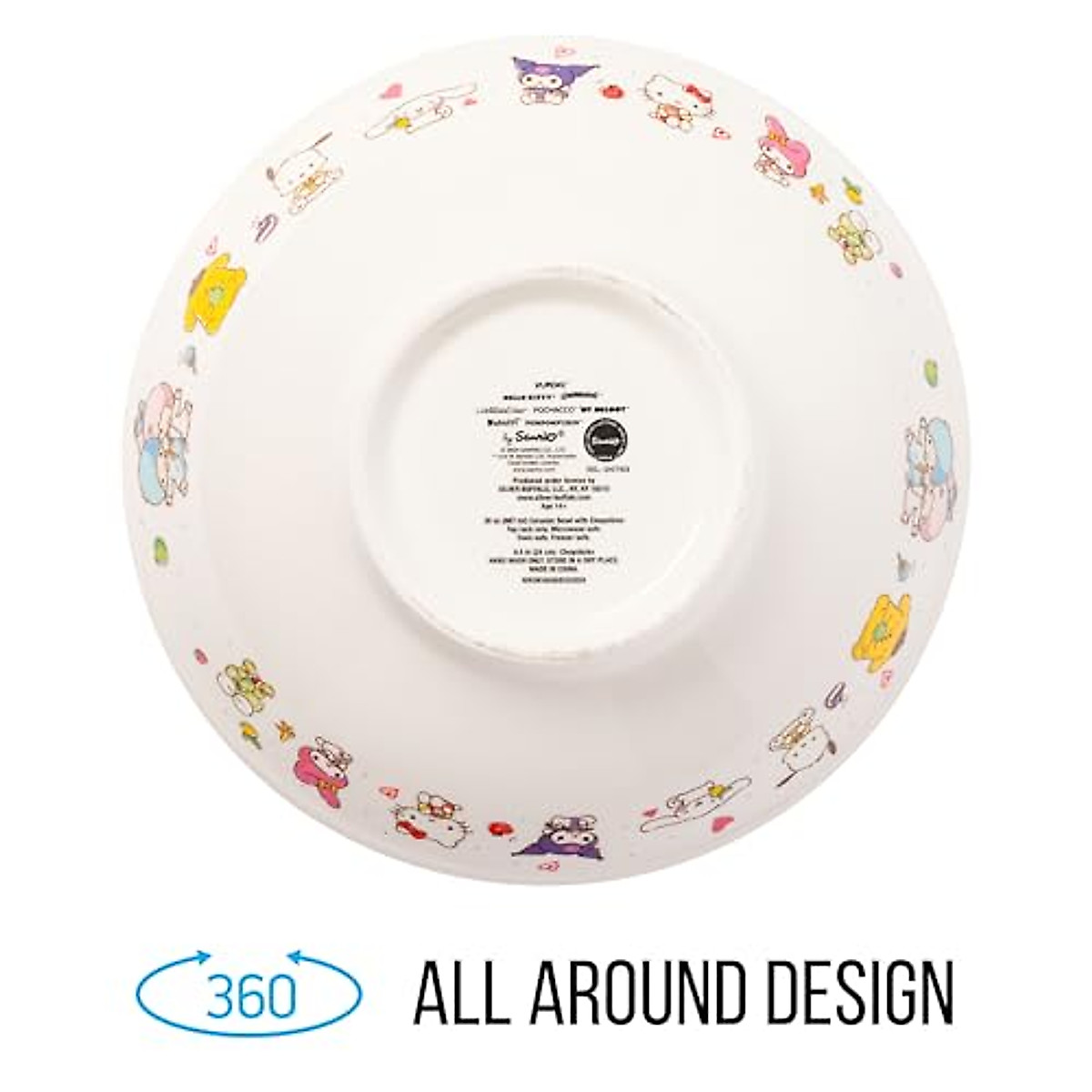 Silver Buffalo Hello Kitty and Friends Little Twin Stars, Pompompurin, Pochacco, Cinnamoroll, Kuromi, My Melody, and Keroppi Ceramic Ramen Noodle Rice Bowl with Chopsticks, Microwave Safe, 30 Ounces